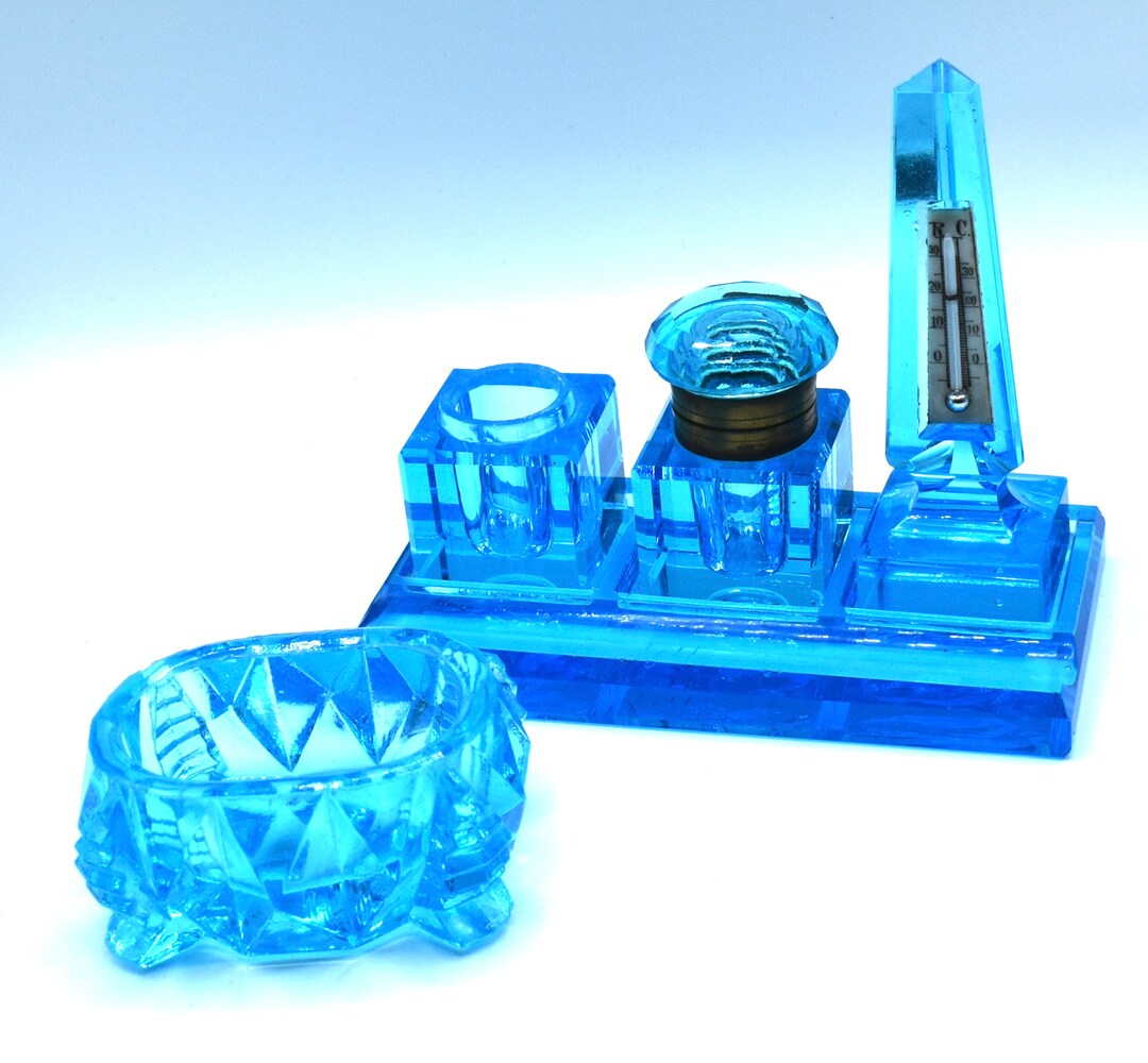 Antique Desk Set Inkwell Thermometer Victorian Set 5 Pieces Molded Blue ...