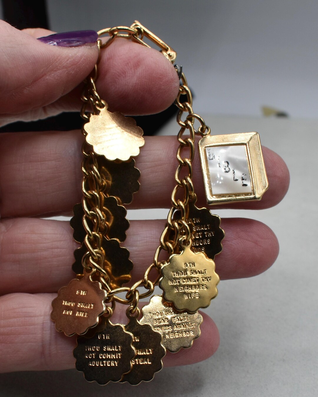 1950s Gold Ten Commandments Charm Bracelet Written on Scroll Shaped ...