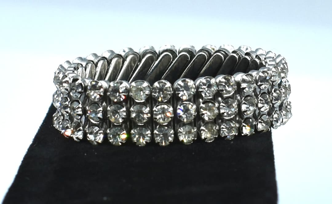 1940's Signed, Made in Japan, Vintage Rhinestone Stretch Bracelet,3 Row ...