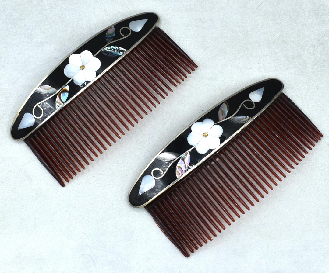 Alpaca Mexico Inlayed Abalone and Pearl Silver Hair Comb Signed Alpaca ...