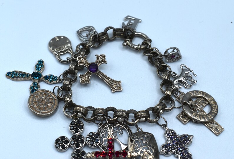 Sterling Silver Religious Charm Bracelet, Cross Charms - Etsy