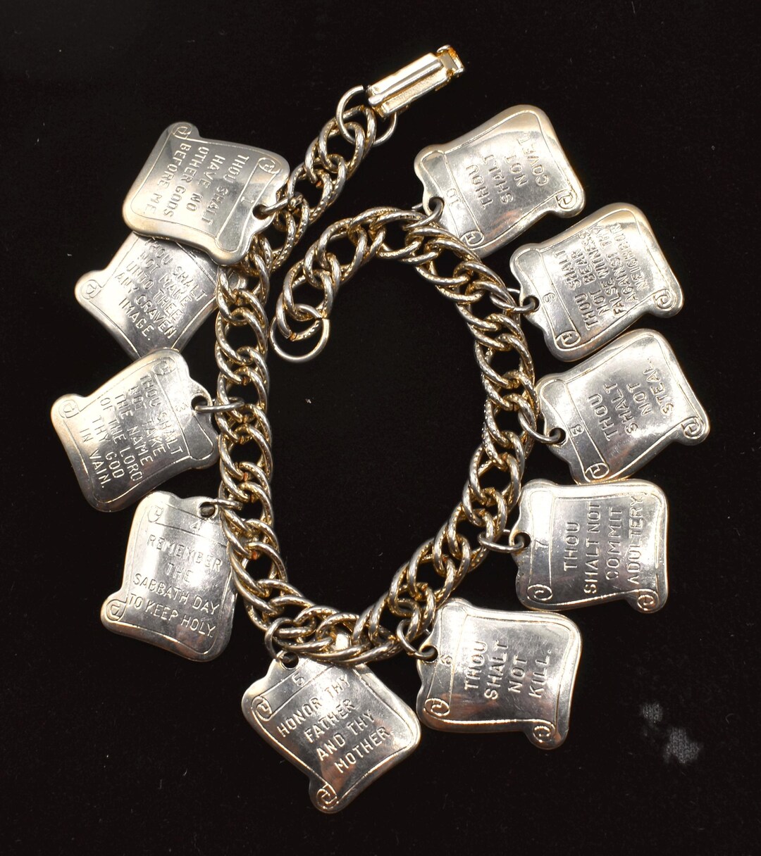 1950s Gold Ten Commandments Charm Bracelet Written on Scroll Shaped ...