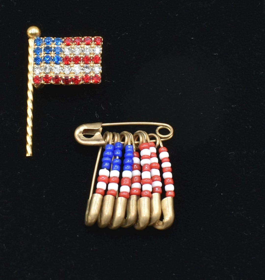 Vintage American Flag Brooches, Patriotic Rhinestone Safety Pin Jewelry ...
