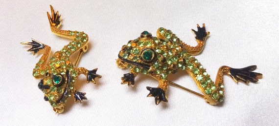 Darling Antique Green Rhinestone Frog Duet Pins Figu Gem