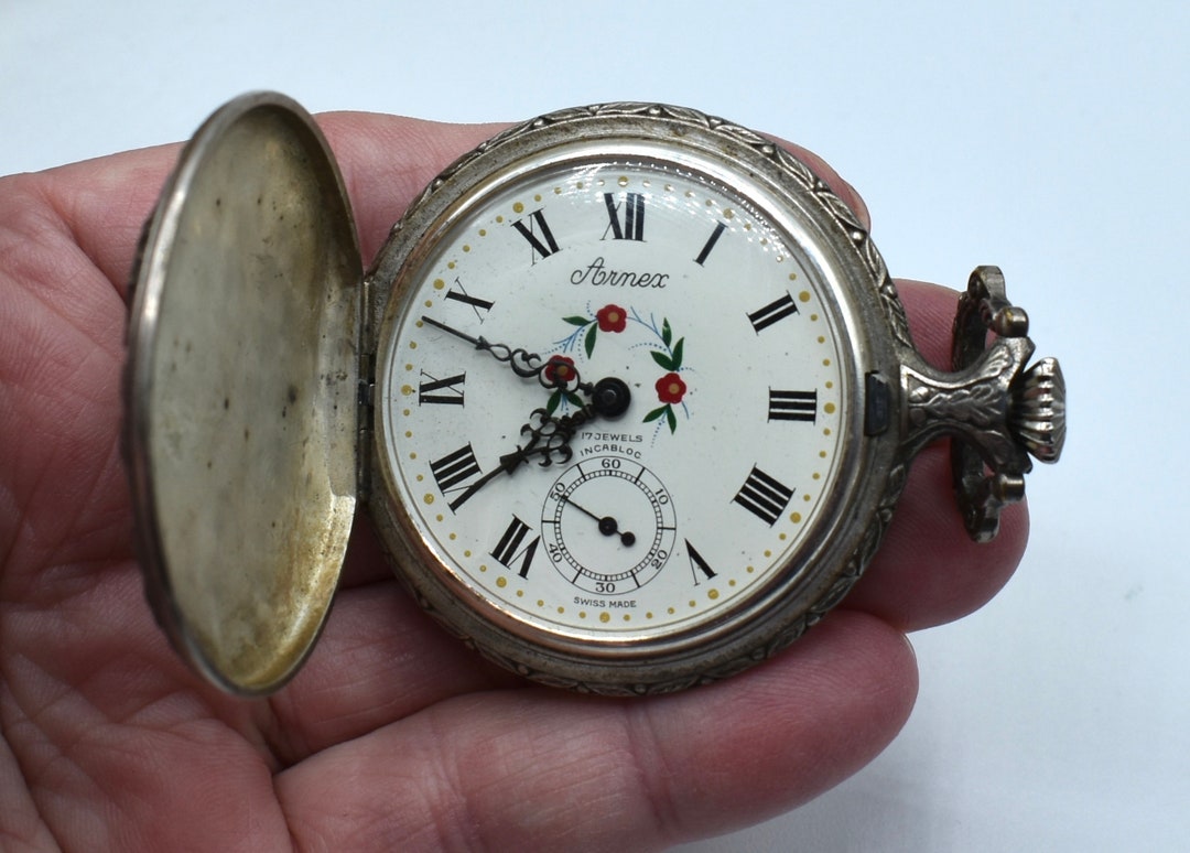 Arnex Working 17 Jewel Pocket Watch Etched Silver With Hunting Scene ...