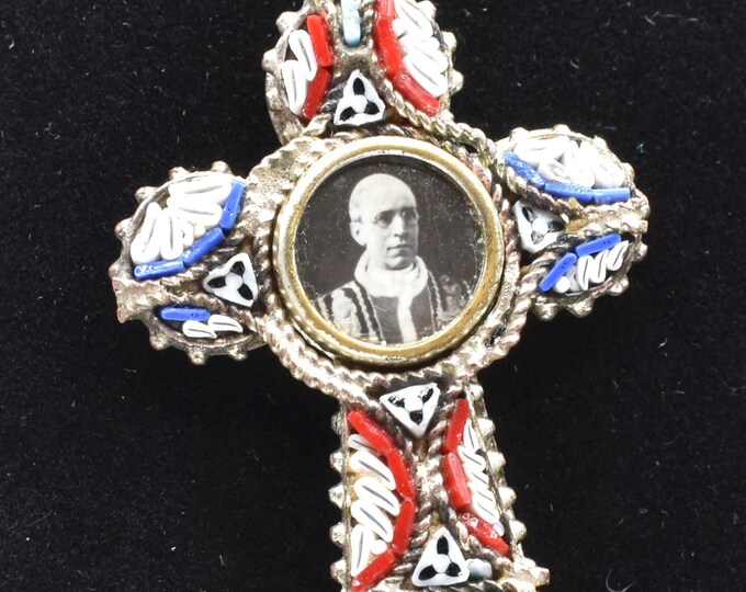1930s Italy Glass Cross Necklace Micro-mosaic Cross With Venerable Pope ...