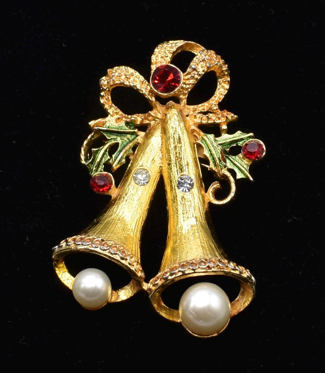 Vintage Christmas Bells Brooch Red Rhinestone Faux Pearl Gold Tone ...