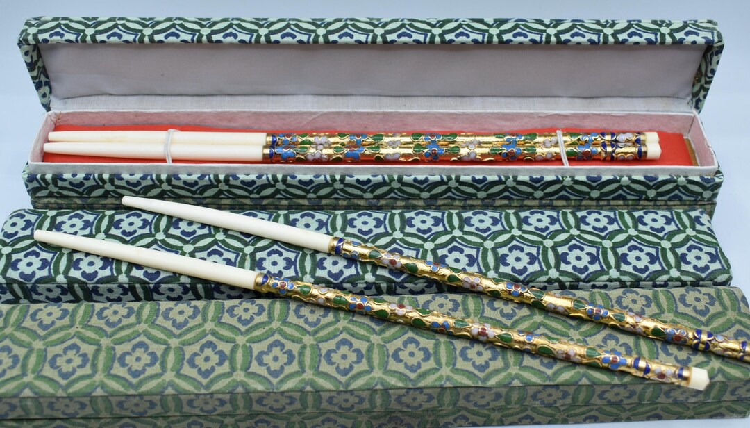Antique Cloisonné Enamel & Bone Chopsticks in Original Box (4) Matching ...