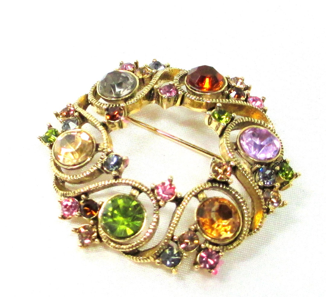 Vintage Signed Rhinestone Circle Pin, Wreath Brooch, Signed Monet ...