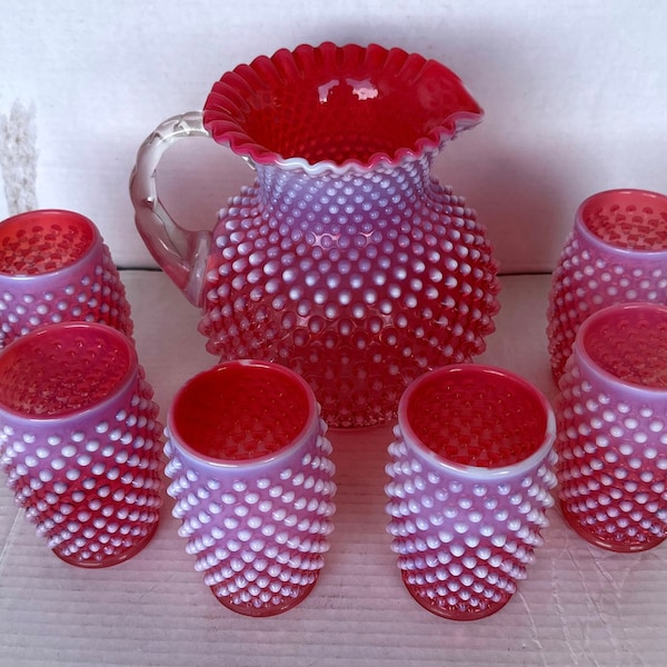 Fenton Glass Pitcher and Glasses - Etsy