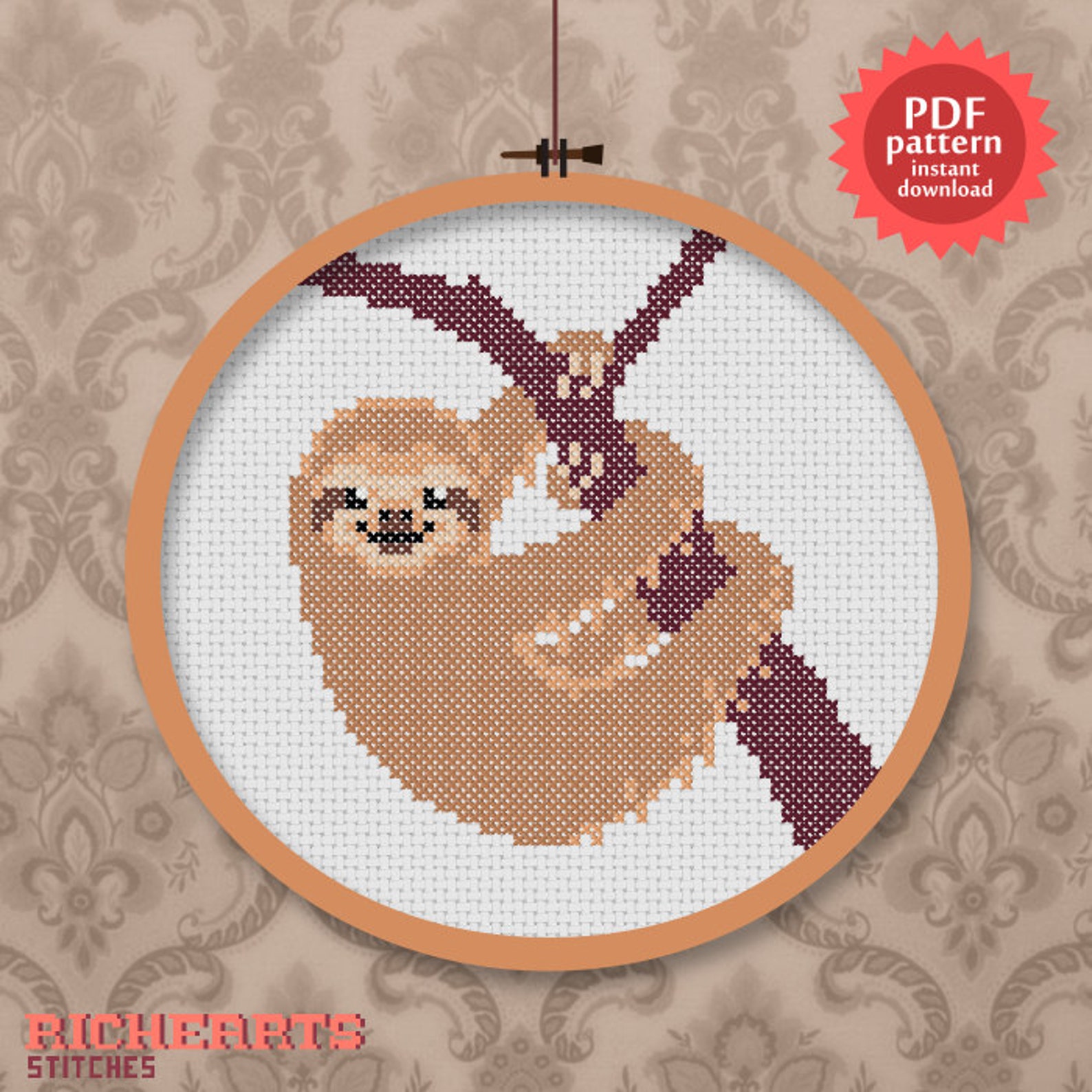 Happy Sloth - PDF Cross Stitch Pattern - a Smiling and Cute Animal ...
