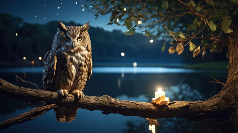 Owl Wall Art on Glass, Night Landscape Decorative Nature and Animal ...