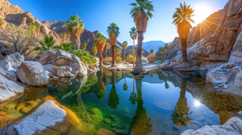 Reflective Water Scene, Tempered Glass Wall Decor, Desert Oasis With ...
