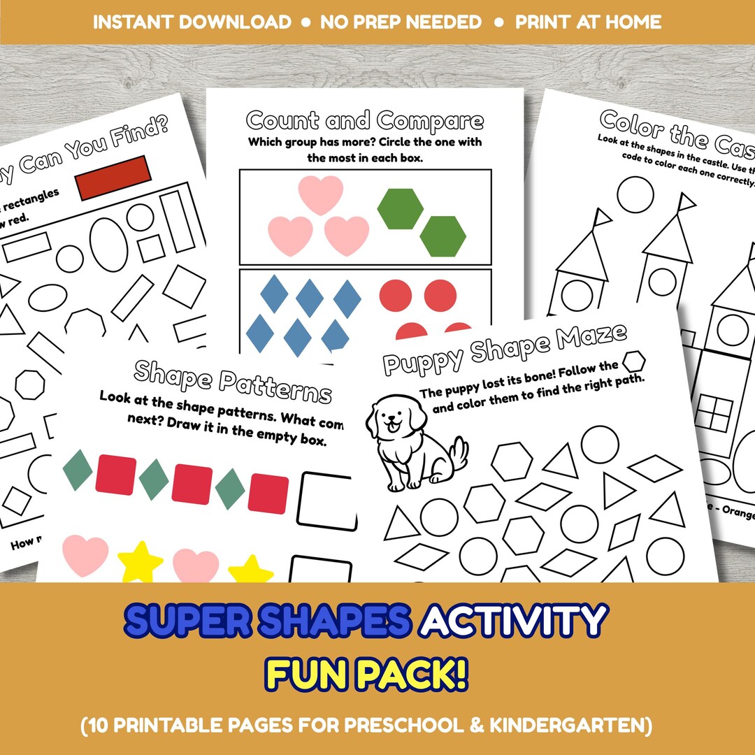 Super Shapes Activity Pack for Kids, 10 Printable Pages of Shape Games ...