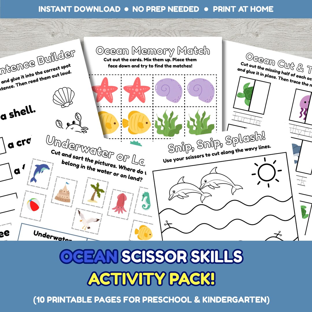 Ocean Scissor Skills Pack for Kids, Fun Learning Worksheets, Fine Motor ...