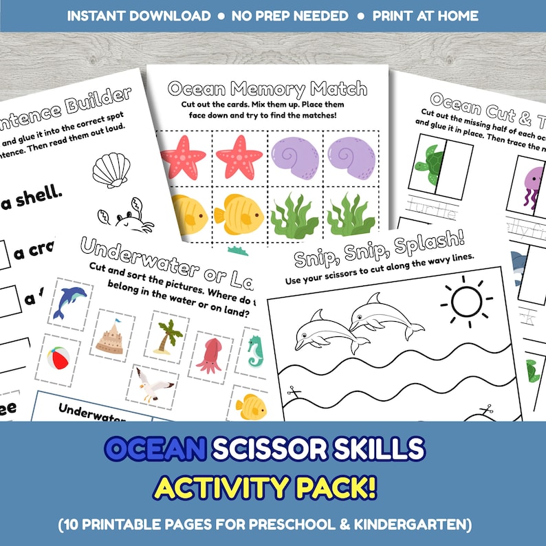 Ocean Scissor Skills Pack for Kids, Fun Learning Worksheets, Fine Motor ...