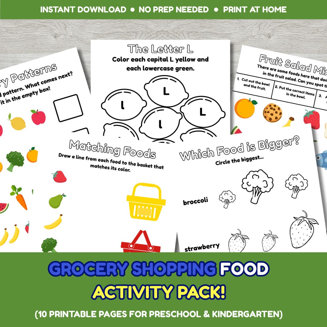 Grocery Food Activity Pack for Kids, 10 Printable Pages, Preschool and ...