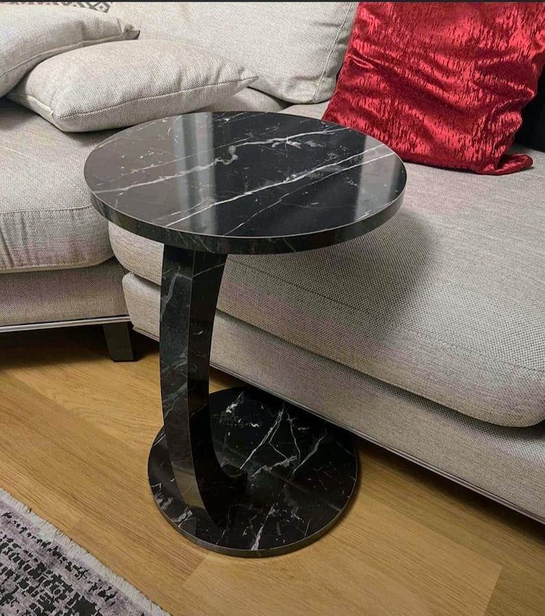 Rolling C-shaped Side Table, Travertine, Black and White Marble Sofa ...