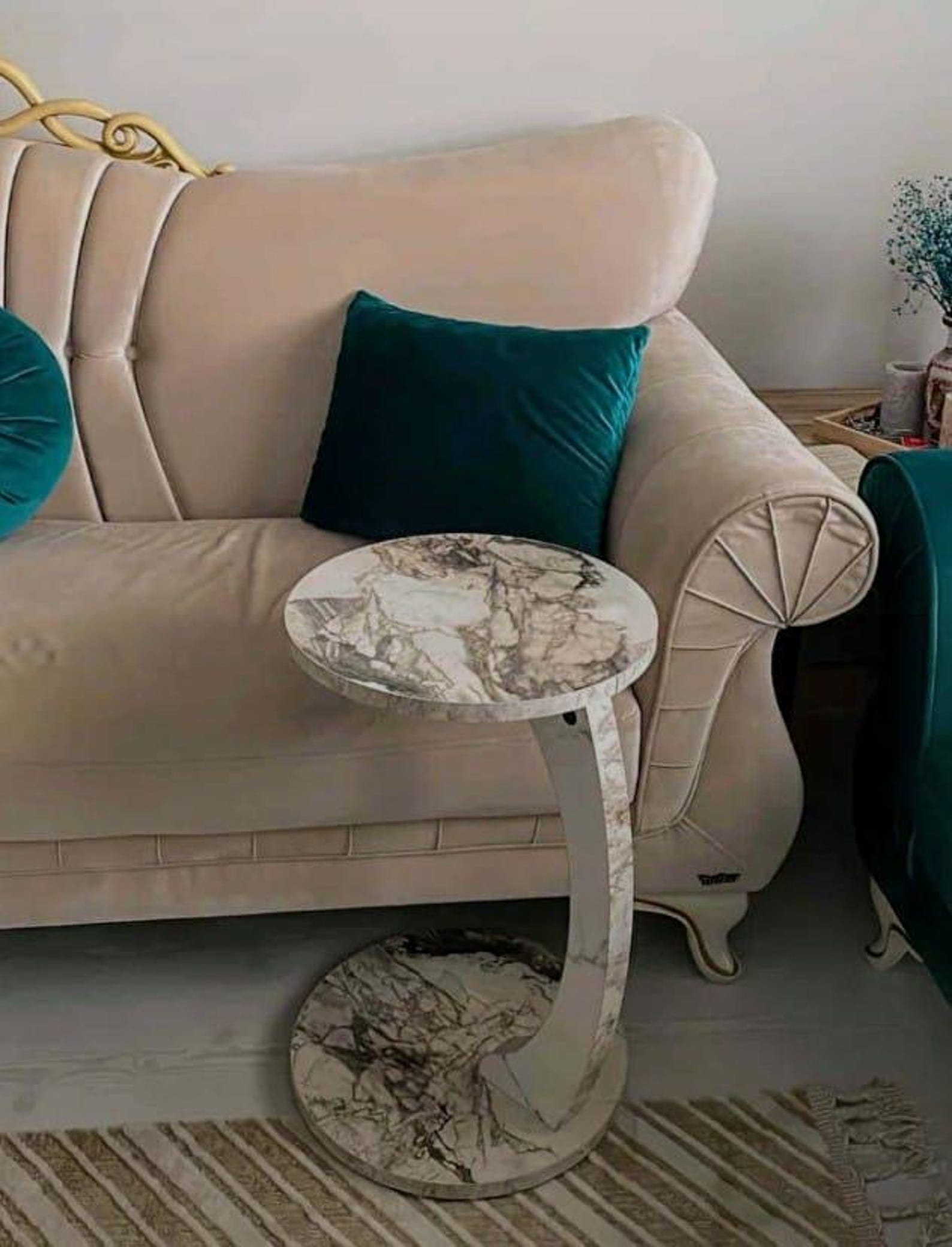 Rolling C-shaped Side Table, Travertine, Black and White Marble Sofa ...