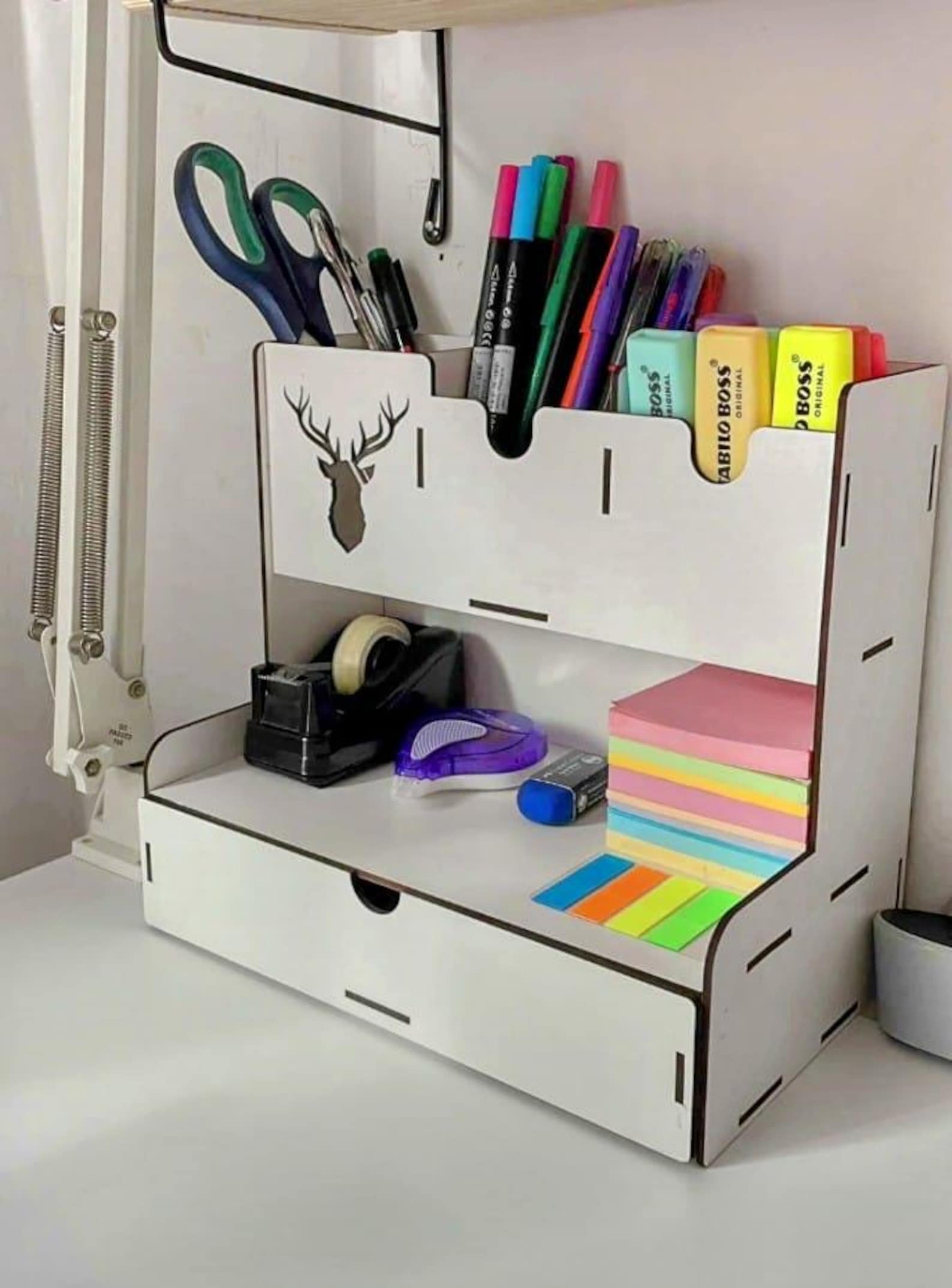 Wooden Desk Organizer With Drawer – Multi-compartment Stationery Holder ...