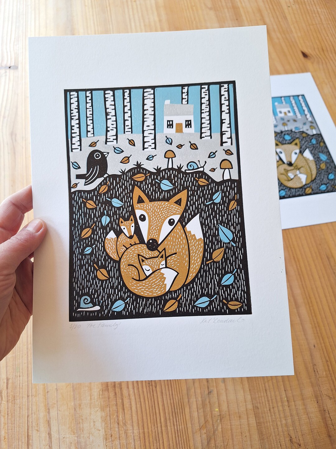 Fox Family in a Wood Linocut Print, Fox Family Linocut Print, Kat ...