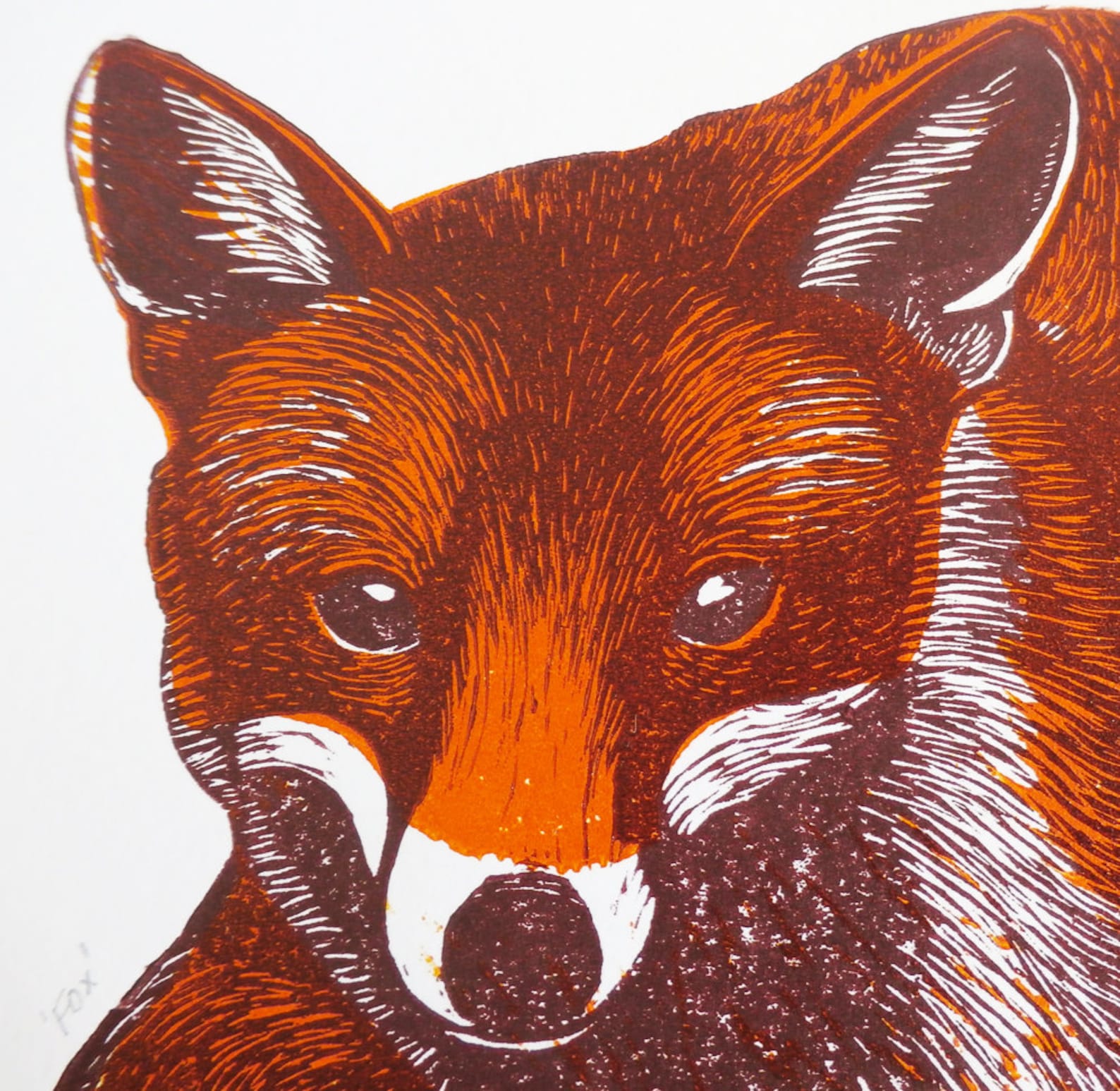 Fox Linocut Print 2 Colour Block Print Fox Lino Print | Etsy