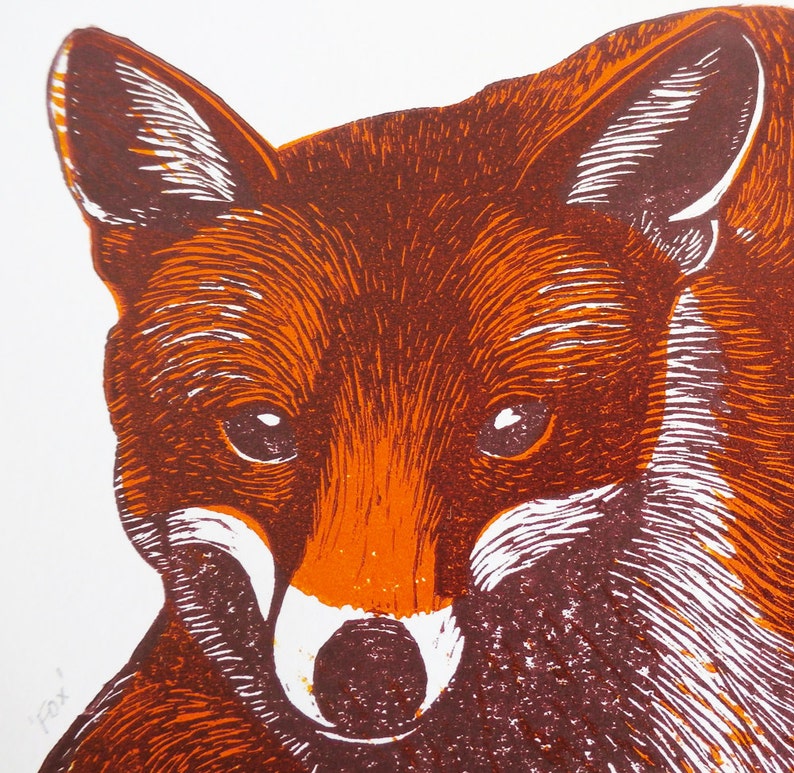 Fox linocut print 2 color linocut animal linocut print | Etsy