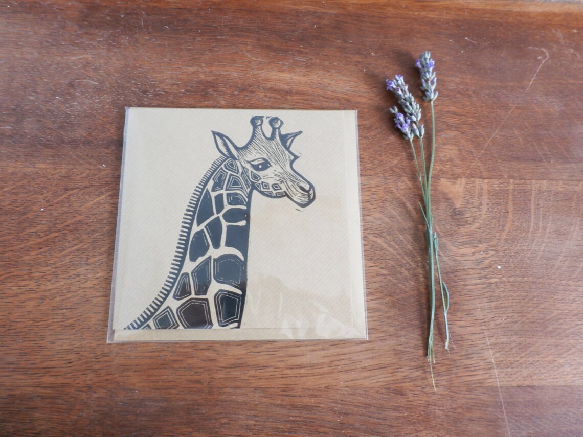 Linocut Print - Giraffe Linocut - Linocut Card - Hand Printed - Blank ...