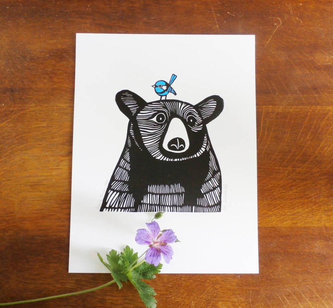 Bear Linocut Print, Bear and Fairy Wren Lino Print, Kat Lendacka ...