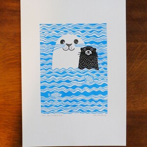 Seal Linocut Print - Sea Otter Linoprint - Fish - Open Edition Linocut ...