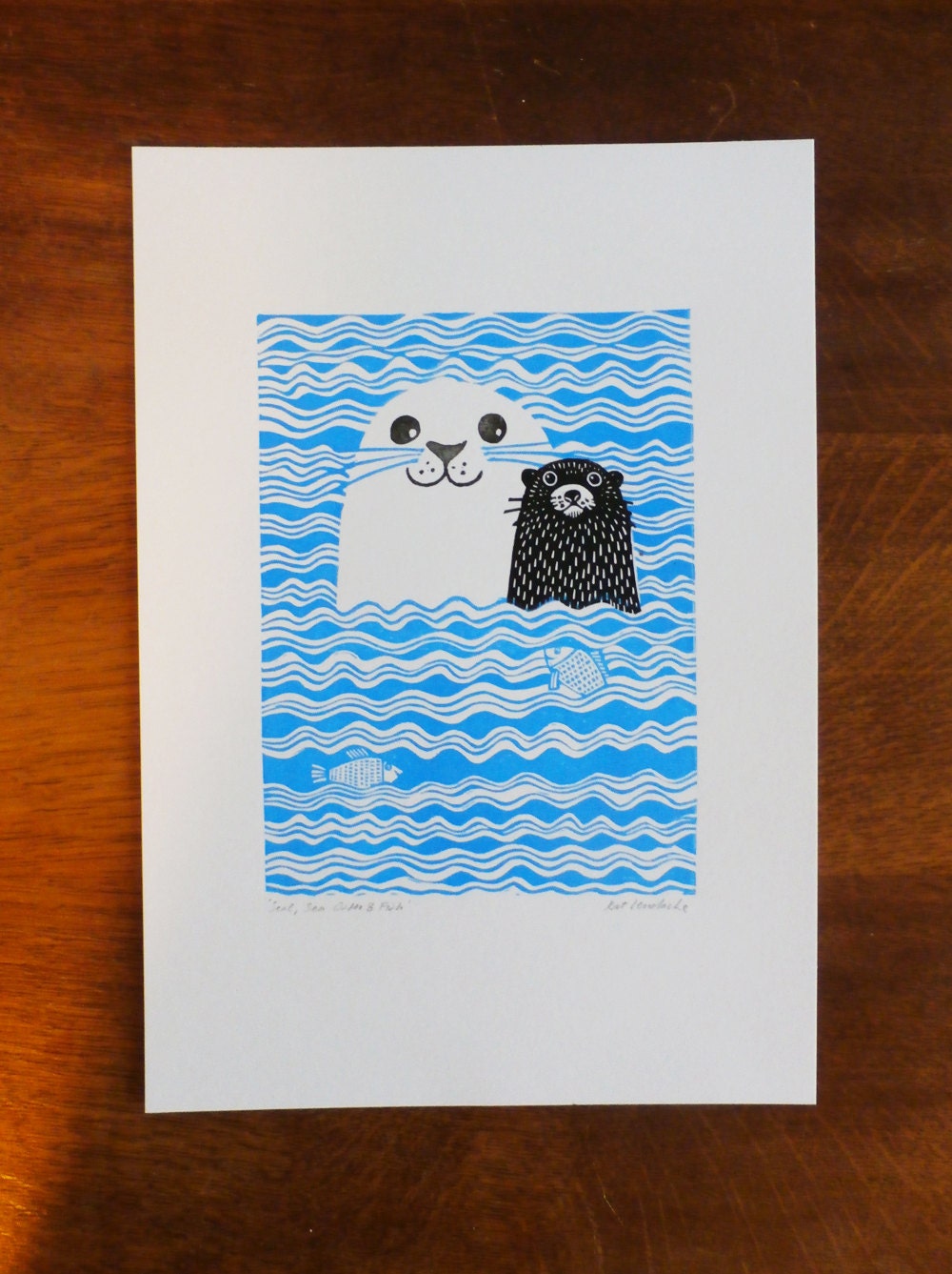 Seal Linocut Print - Sea Otter Linoprint - Fish - Open Edition Linocut ...