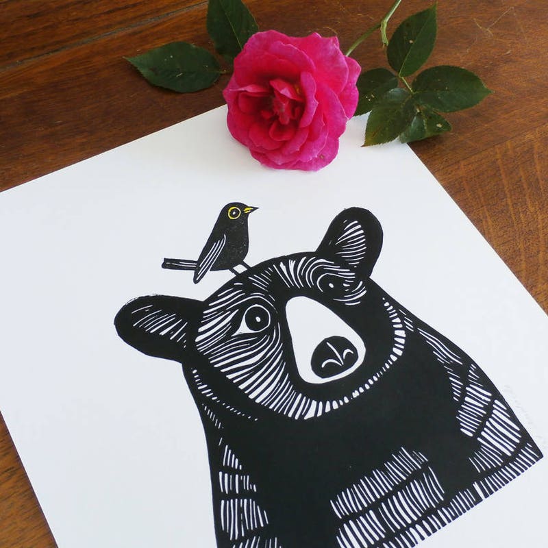 Linocut Bear - Etsy