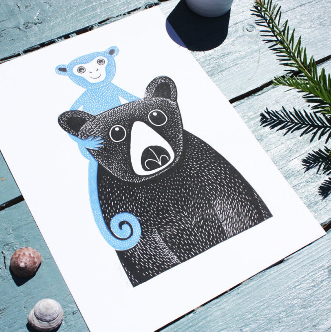 Linocut Print - Bear and Monkey - Original Linocut Print - Linoprint ...