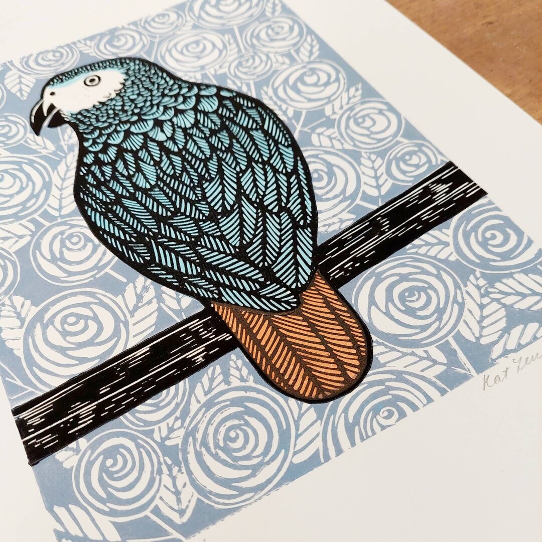Linocut Print - Grey Parrot Linocut Print - Gift for Her - Gift for Him ...