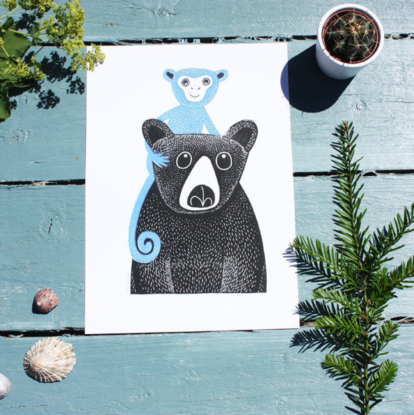 Linocut Print - Bear and Monkey - Original Linocut Print - Linoprint ...
