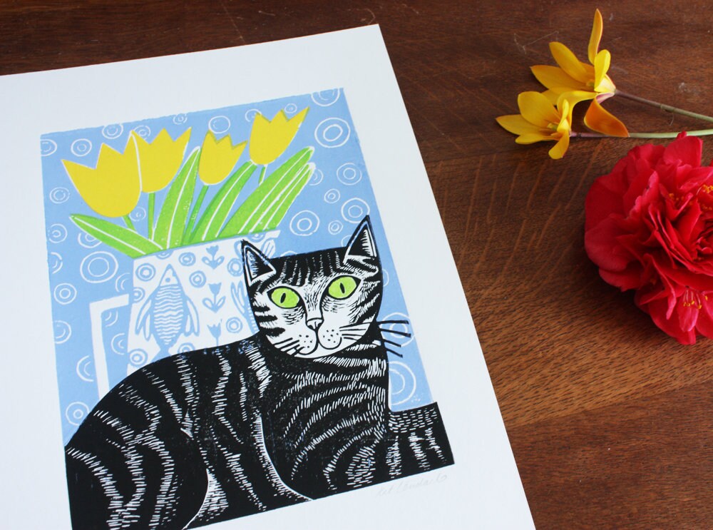 Cat Linocut Print Handprinted Linocut Signed OPen Edition | Etsy
