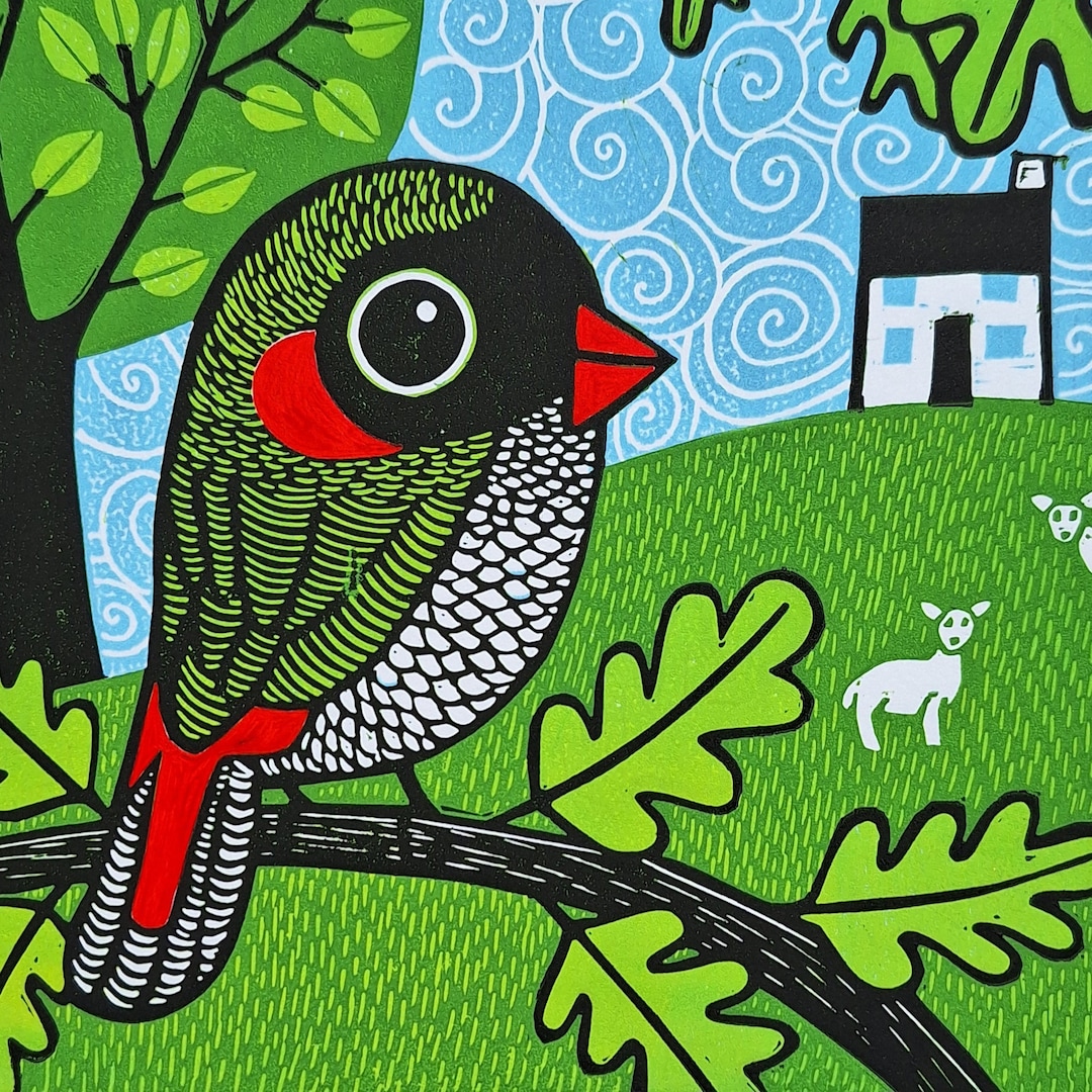 Red-eared Firetail Linocut Print, Bird Inocut Print, Kat Lendacka, Red ...