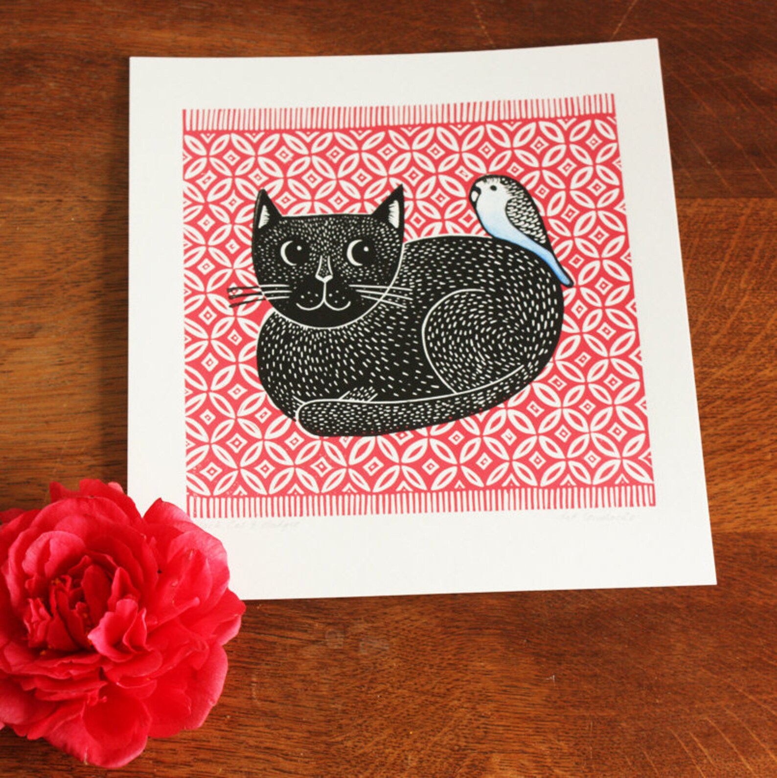 Cat Linocut Print Black Cat and Budgie Linoprint Cat | Etsy