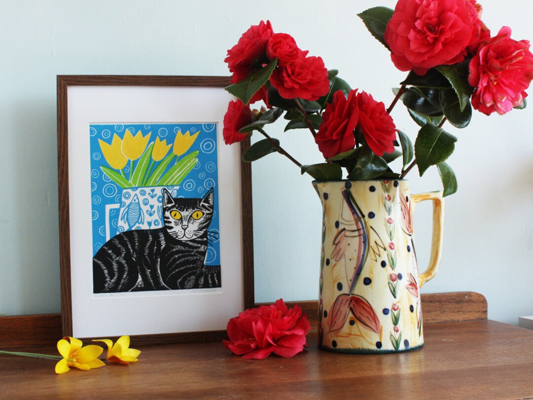 Cat Linocut Print, Cat Linoprint, Hand Printed Linocut, Signed Open ...