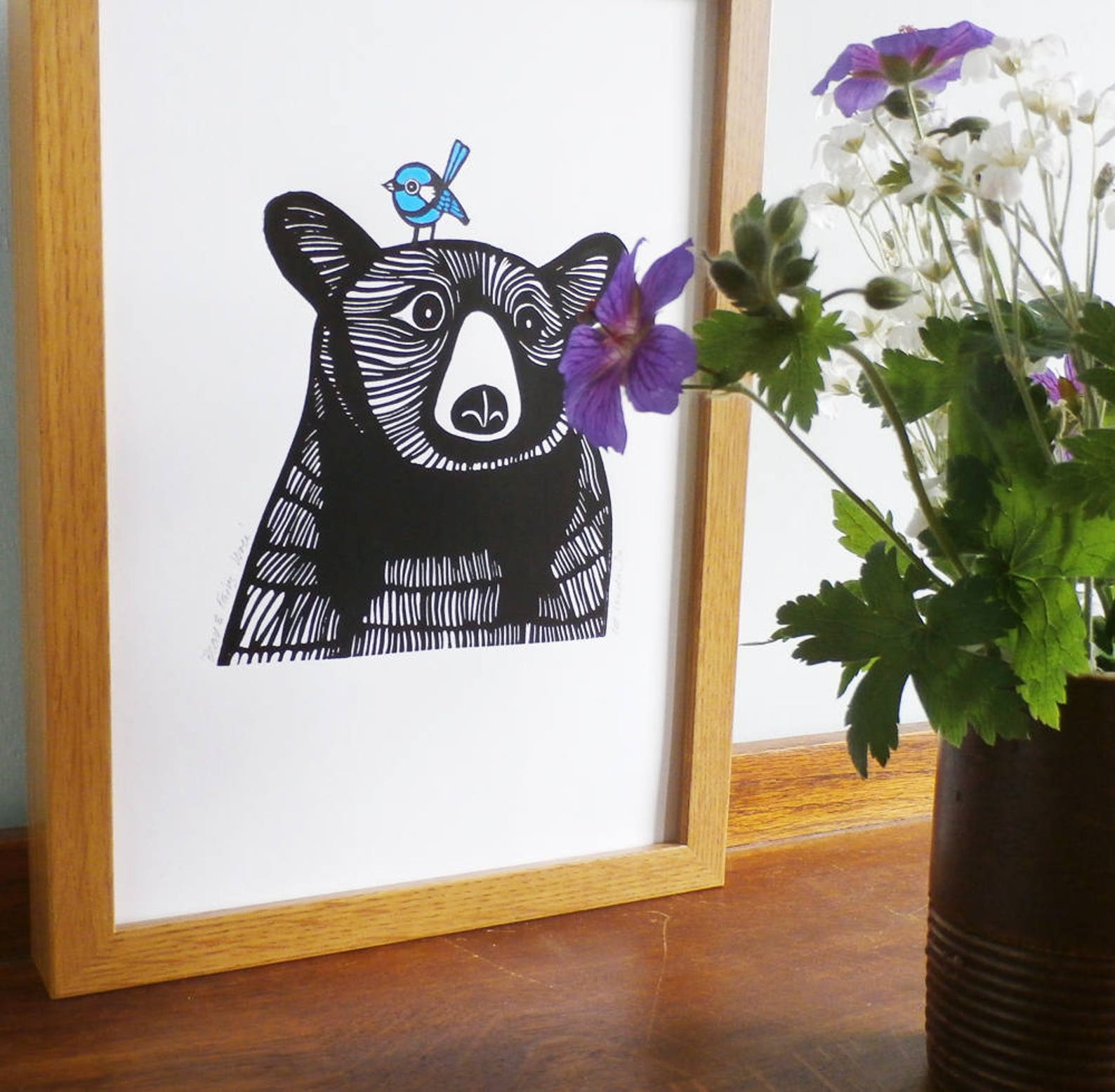 Bear Linocut Print Bear and Fairy Wren Lino Print Kat | Etsy
