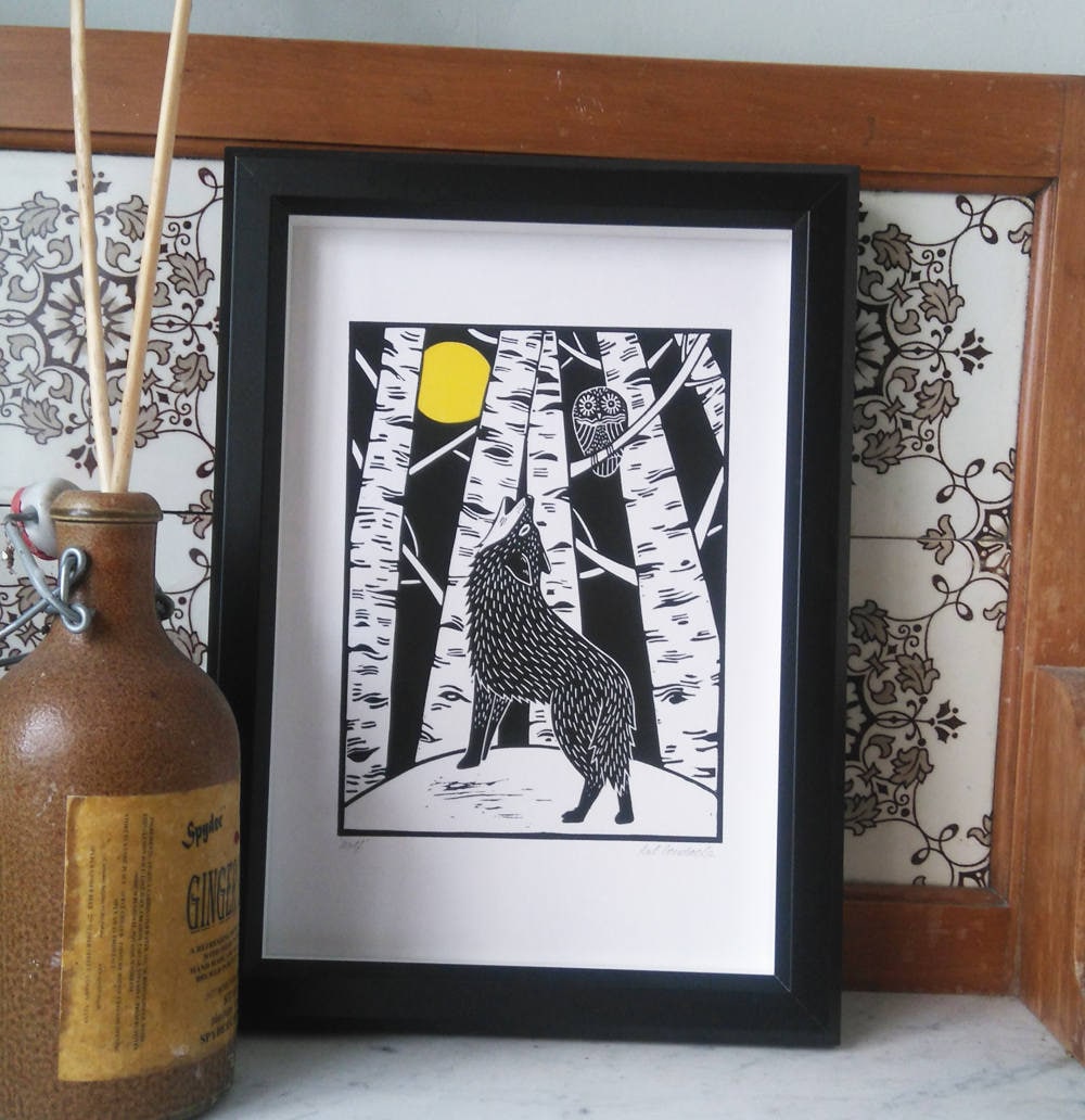 Wolf and Owl Linocut Print Mothers Day Gift Original Linocut | Etsy UK