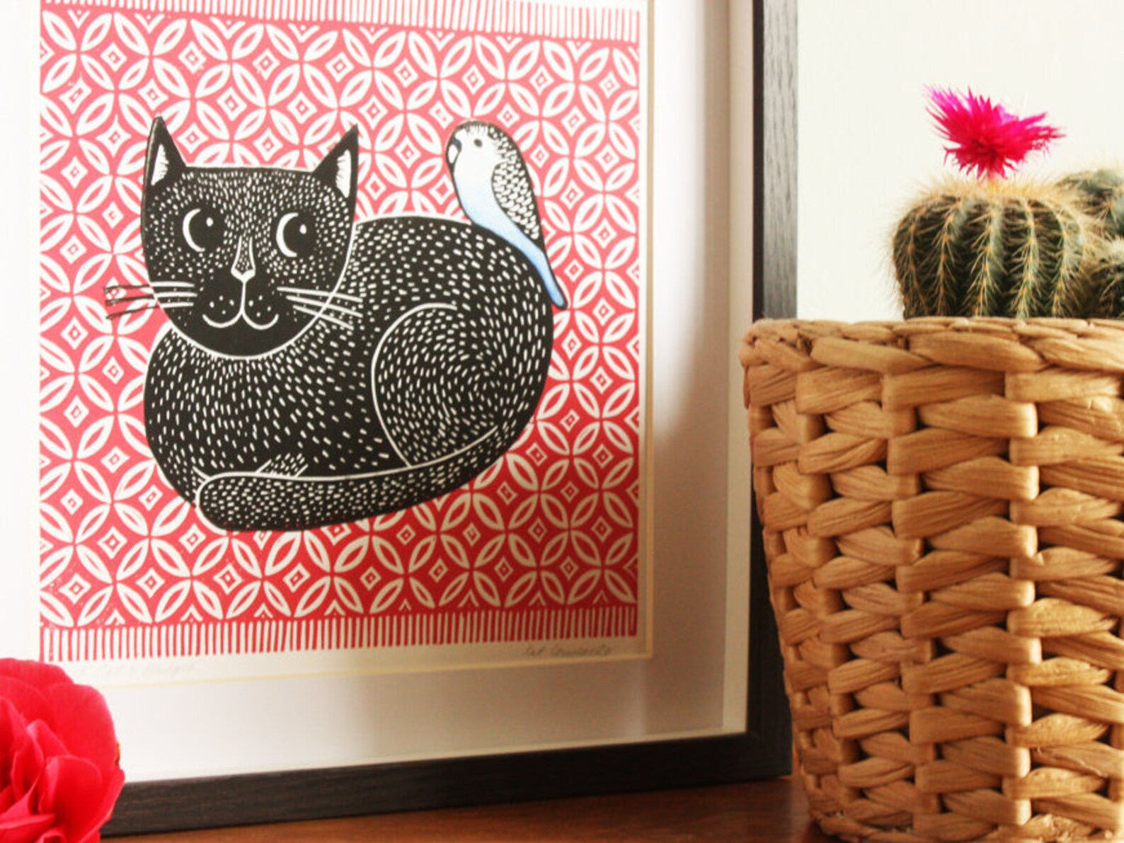 Cat Linocut Print Black Cat and Budgie Linoprint Cat | Etsy