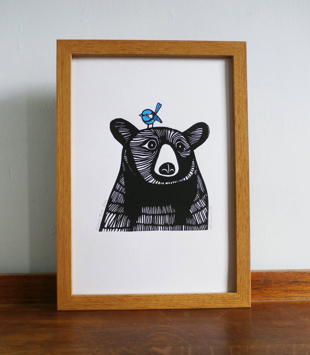Bear Linocut Print Bear and Fairy Wren Lino Print Kat | Etsy