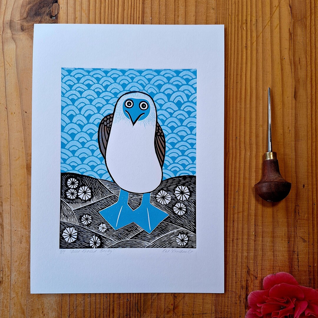Blue Footed Booby Linocut Print, Blue Footed Boobylinocut Print, Kat ...