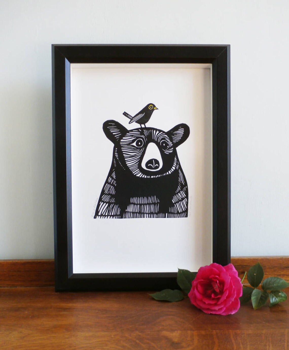 Bear Linocut Print Bear and Blackbird Linocut Print Kat - Etsy