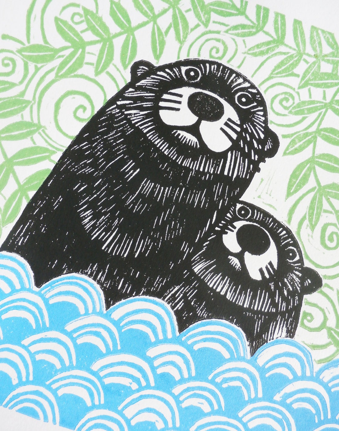 Otters Linocut Print Otter Linoprint Otters Art Print Kat - Etsy