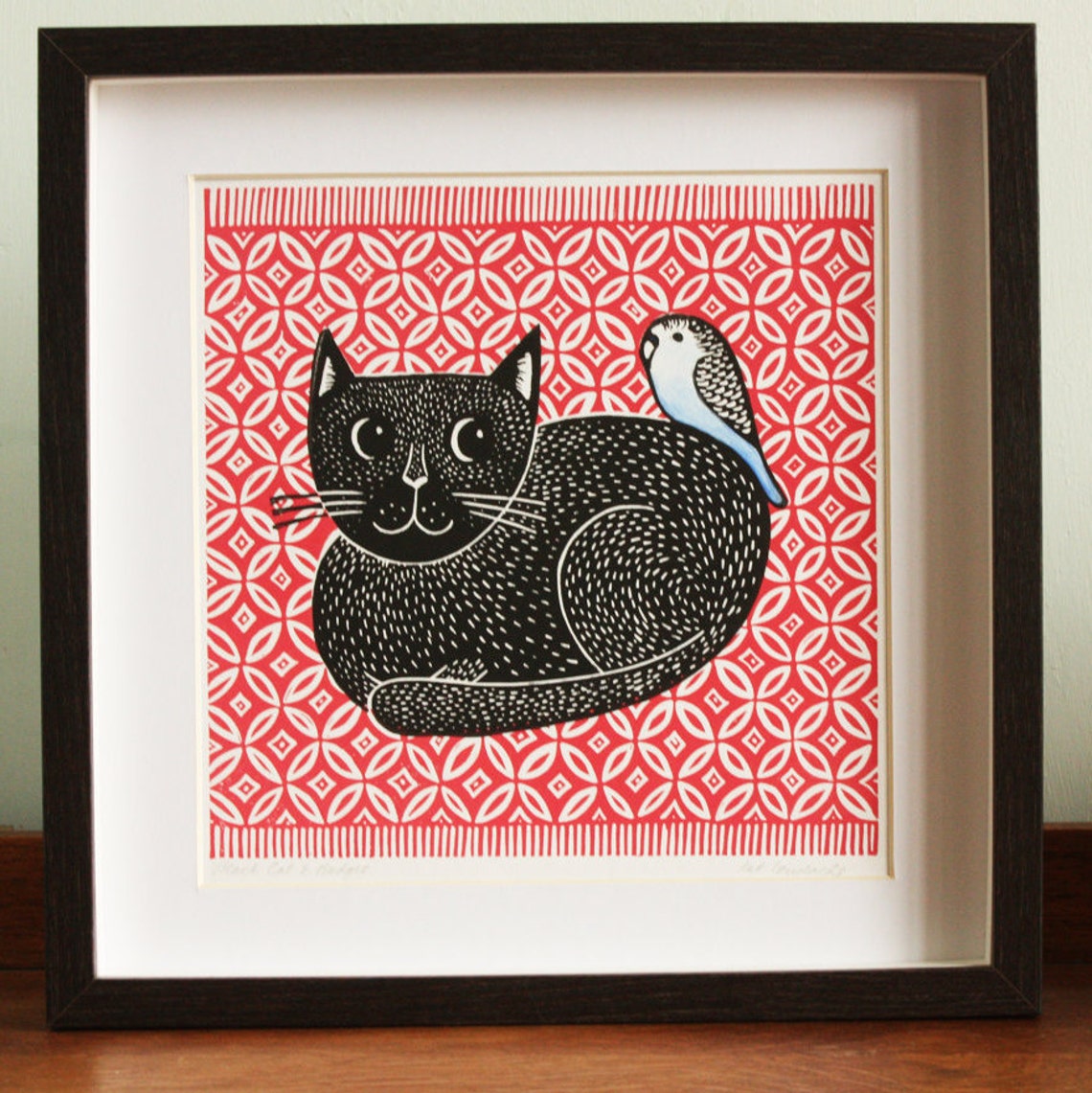 Cat Linocut Print Black Cat and Budgie Linoprint Cat | Etsy