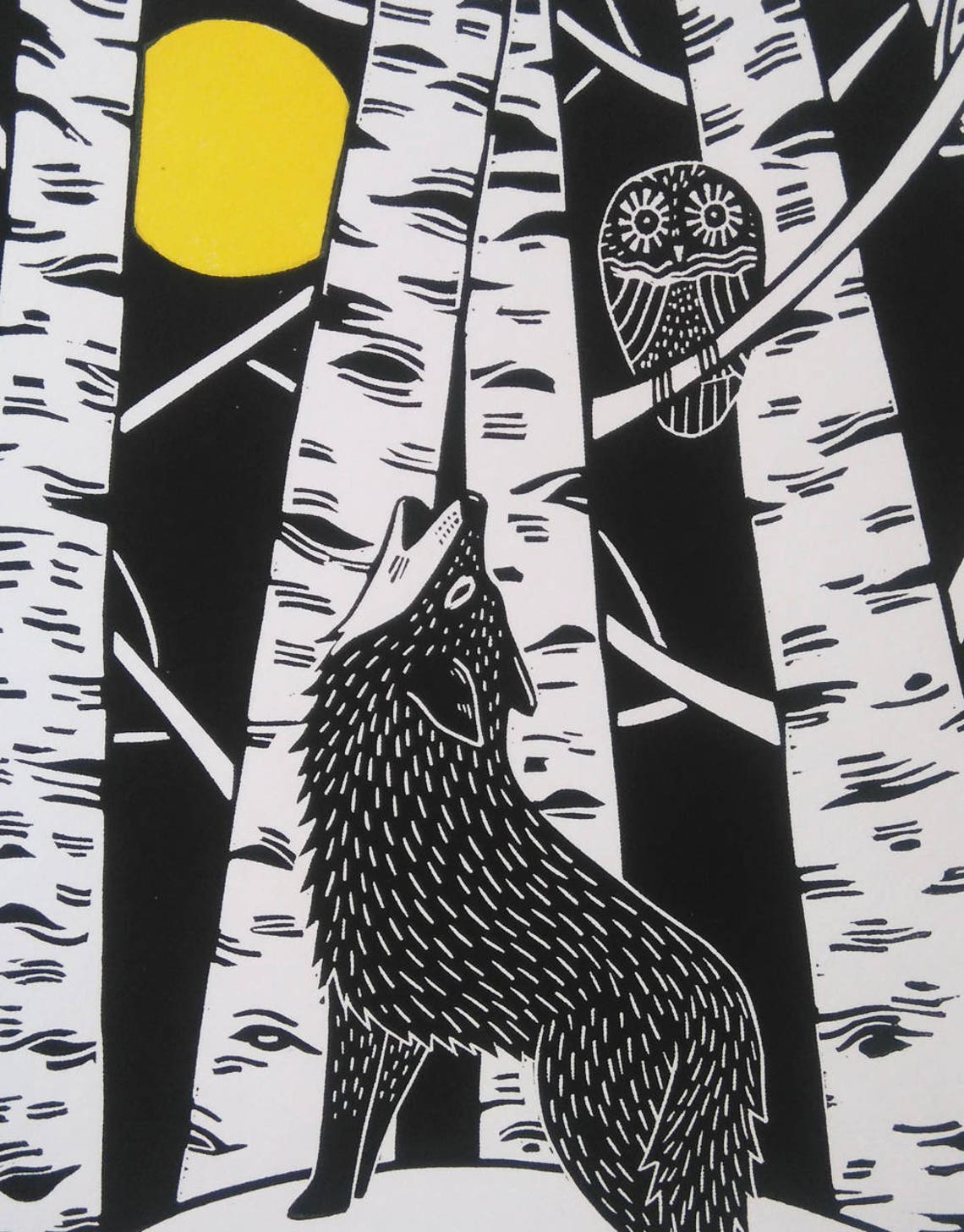 Wolf and Owl Linocut Print Mothers Day Gift Original Linocut - Etsy
