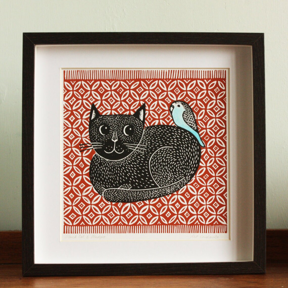 Cat Linocut Print Hand Printed Linocut Black Cat and Budgie - Etsy