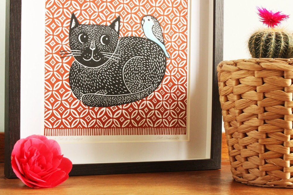 Cat Linocut Print Hand Printed Linocut Black Cat and Budgie | Etsy